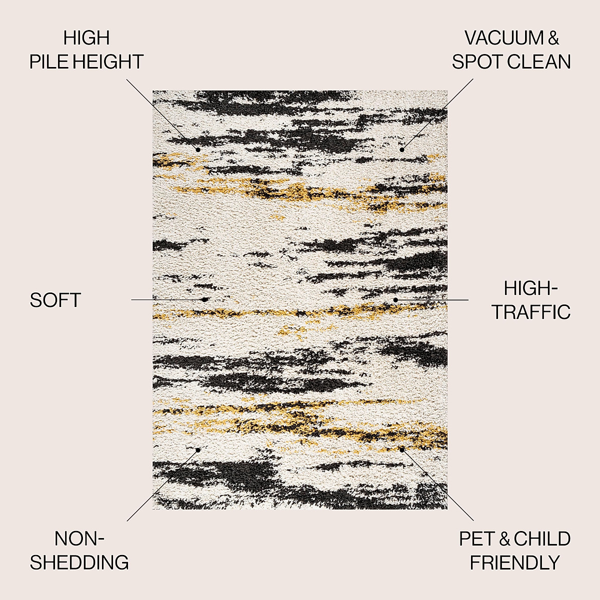 JONATHAN Y SHG102A-8 Nova Modern Bold Strie' Shag Indoor Area-Rug Bohemian Contemporary Abstract Distressed Easy-Cleaning Bedroom Kitchen Living Room Non Shedding, 8 X 10, Beige/Black/Yellow