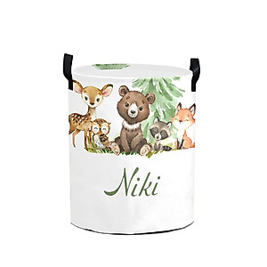 BigBigift Greenery Woodland Bear Deer Round Laundry Basket Personalized with Name Waterproof Canvas Clothes Basket Laundry Hamper with Handles for Kids Room Bedroom Gift Baskets
