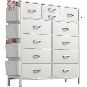 Lulive Dresser for Bedroom with 12 Drawers, Tall Dresser Chest of Drawers with Side Pockets and Hooks, Fabric Dresser Storage Tower for Closet, Hallway, Living Room (White)