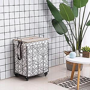 TECHMILLY Rolling Laundry Basket with Lockable Wheels, Large Laundry Hamper with Wood Lid, Metal Laundry Basket Organizer with Detachable Liner, Collapsible Clothes Hamper with Rope Handle, White