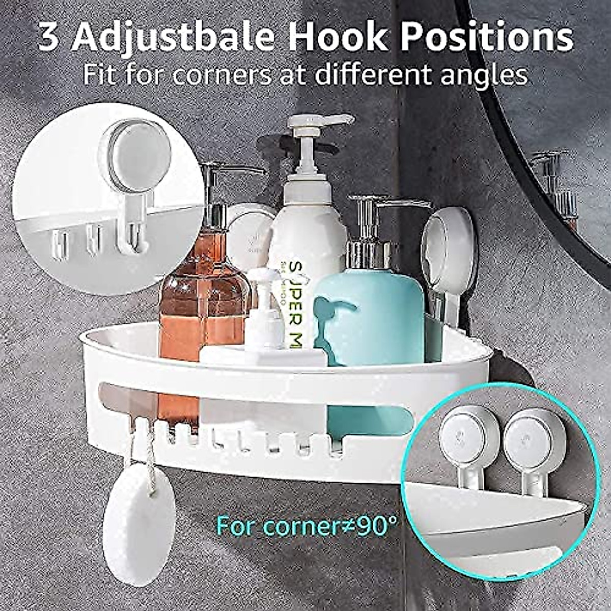 LEVERLOC Corner Shower Caddy Suction Cup & Toothbrush Holder NO-Drilling Removable Bathroom Shower Shelf Heavy Duty Max Hold 22lbs Caddy Organizer Waterproof & Oilproof for Bathroom & Kitchen - White