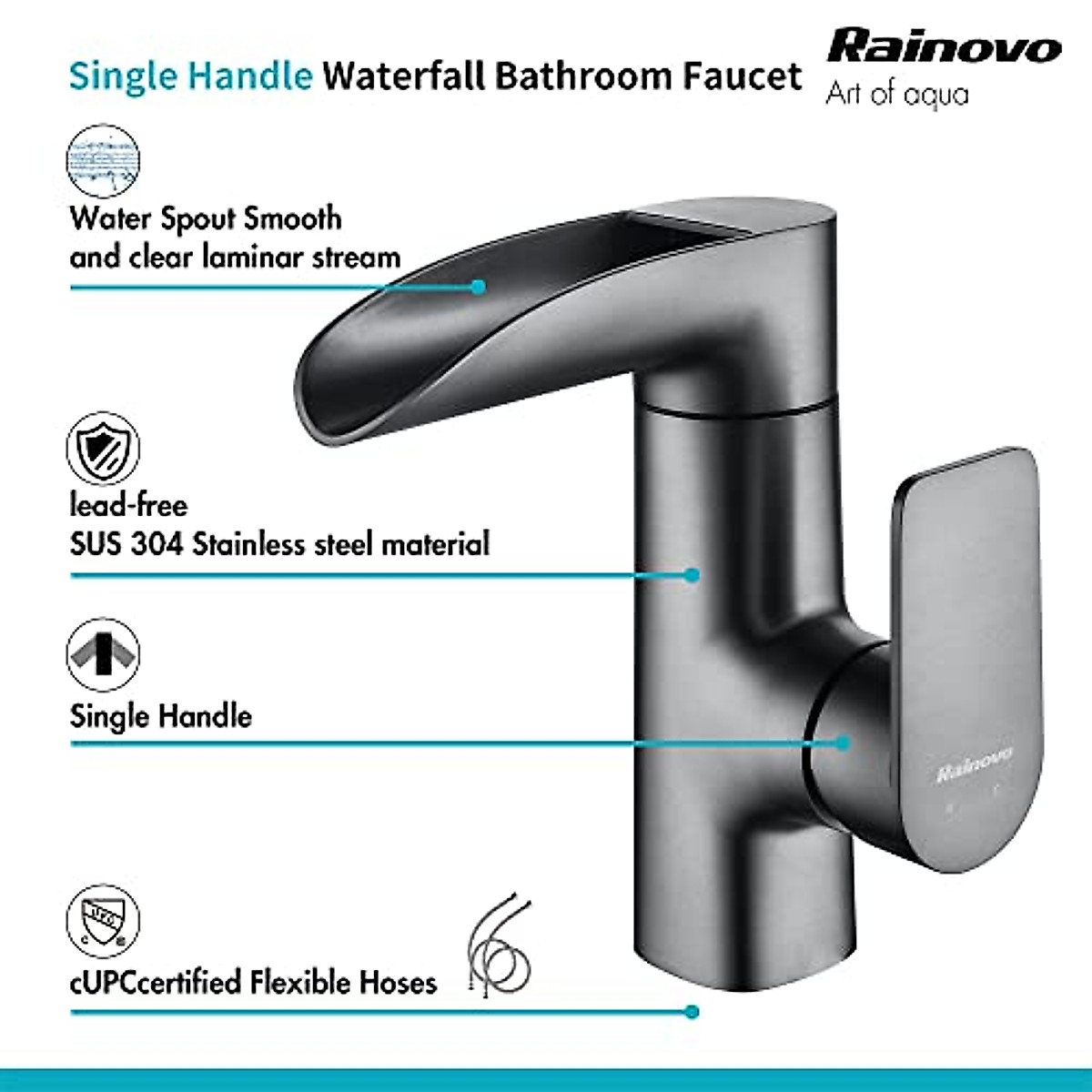 Rainovo Waterfall Bathroom Faucet, Bathroom Faucet with 360° Swivel Waterfall Spout, Single Handle Bathroom Faucet 1 Hole, Single Hole RV Basin Vessel Vanity Faucet, Grey