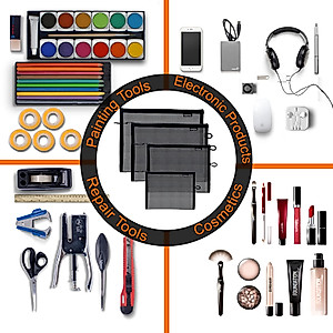 SUPACOOL Set of 4 Travel Mesh Makeup Bag, Cosmetic Organizer Pouche with Zipper, Diaper Organizing Pouches, Nylon Toiletries Bag for Women and Men(4pcs, Black)