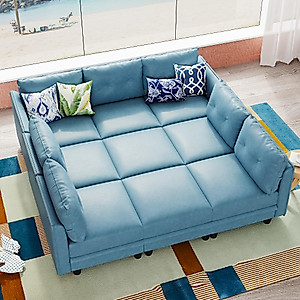 LLappuil Modular Sectional Sofa Faux Leather Sleeper Sectional Couch with Storage Convertible 9 Seats Modular Sofa Bed for Living Room, Navy Blue