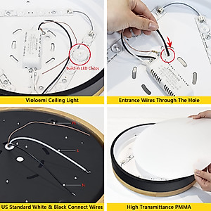 VIOLOEMI Modern Black Ceiling Light, Wood LED Close to Ceiling Lighting Fixtures, Round Flush Mount Ceiling Lamp for Kitchen Bedroom Bathroom Laundry Room Nursery Room Hallway（15.74 Inch）