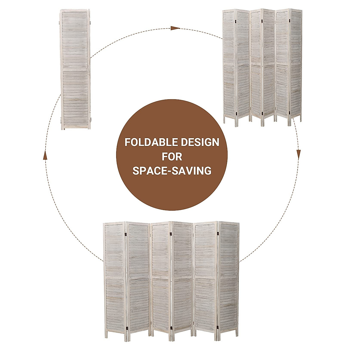 ECOMEX 6 Panel Wood Room Divider, Folding Room Divider Privacy Screen 5.6Ft Tall, Freestanding Louvered Divider Screen for Home Office Restaurant Bedroom(White)