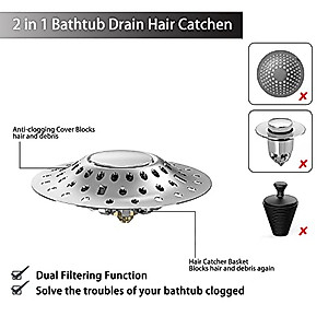 USIKRPEN Upgrade Universal Bathtub Plug & Drain Hair Catcher Anti Rust Anti-Blocking 2 in 1 Bathtub Drain Plug with Dual Filtration Pop Up Bathtub Drain Cover for 1.4"-2.0" Tub Stopper