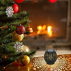 Solar Lantern Outdoor, 2 Pack Solar Hanging Lantern Lights with Shepherd Hooks, Solar Powered Lantern Waterproof with Handle, Christmas Decorative LED Garden Lights for Patio Courtyard Table Pathway