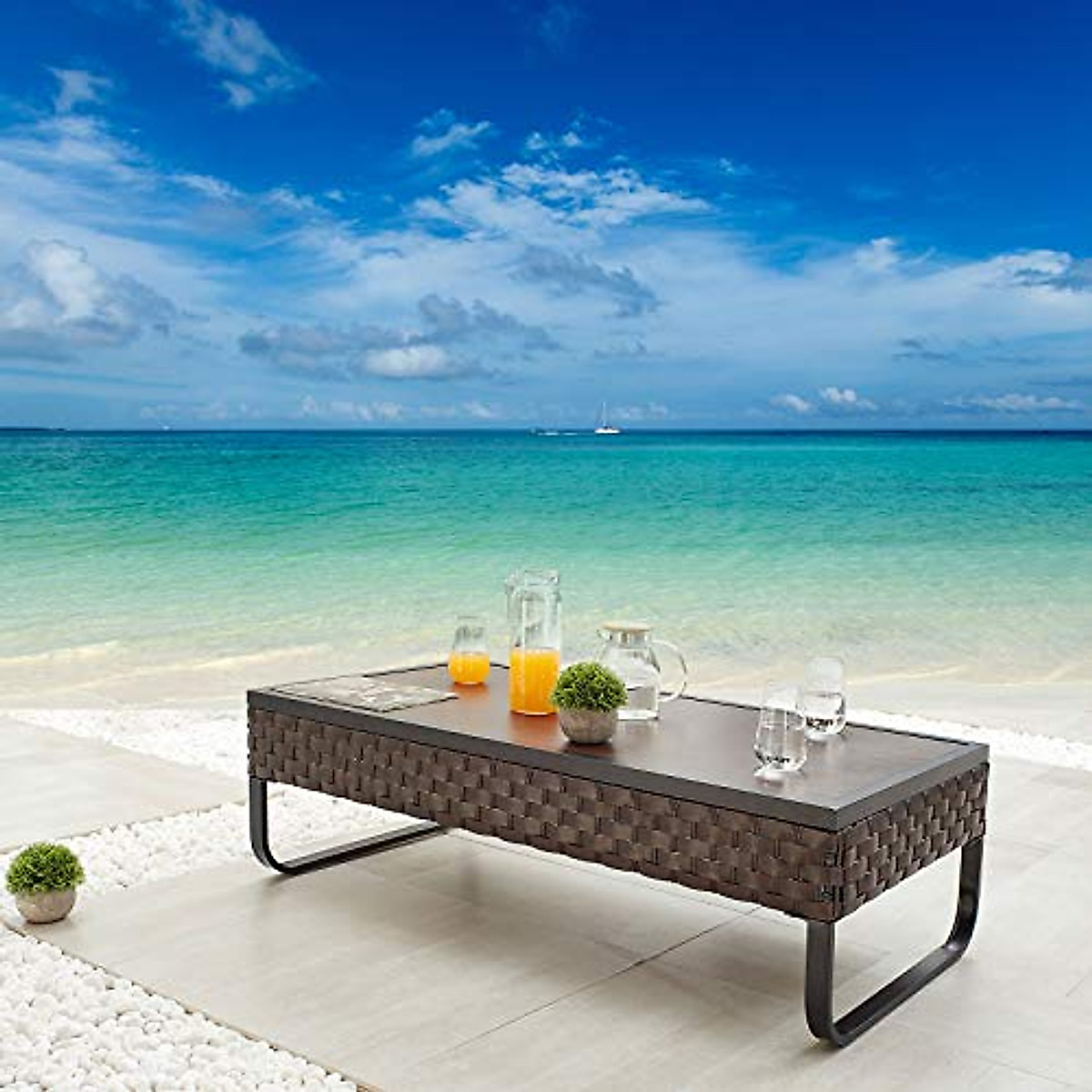 Festival Depot Patio Coffee Table Rectangle Wicker Rattan Table with Wood Grain Desktop and U Shaped Legs All Weather Outdoor Furniture for Garden Bistro 47.2"(L) x 23.6"(W) x 13.7"(H)