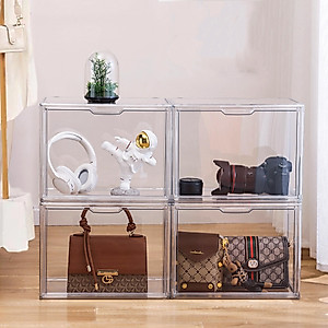 ZLLZUU Purse Organizer for Closet, 5 Pack Clear Acrylic Display Case for purse handbag Organizer, Stackable Purse Storage boxes with magnetic door for Collectibles, Wallet, Cosmetic