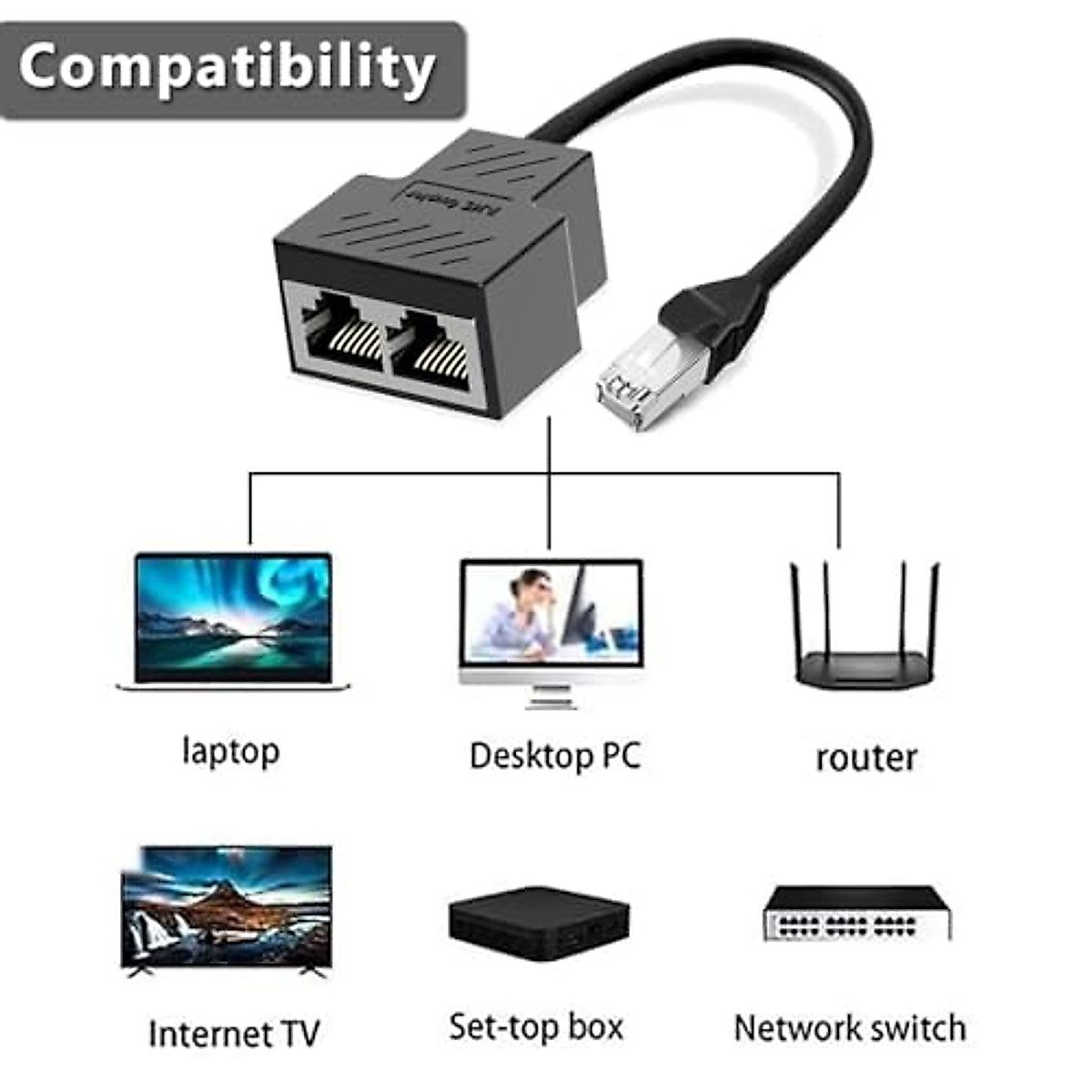 Snlrntin Ethernet Splitter Cable RJ45 Network Adapter, 1 Male to 2 Female LAN Internet Cable Adapter, Suitable Super Cat5, Cat5e, Cat6, Cat7