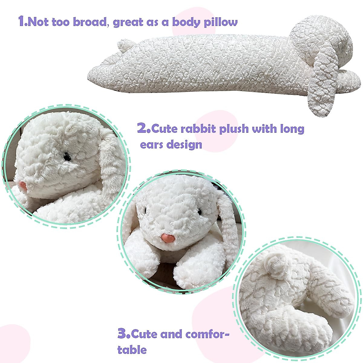 Hofun4U Rabbit Plush Pillow, Rabbit Stuffed Animal, Rabbit Plush Long Body Pillow Gift for Kids Adults (White,47 inch)