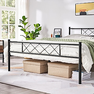 Yaheetech Queen Size Metal Platform Bed Frame Mattress Foundation with Headboard and Footboard No Box Spring Needed Under Bed Storage Steel Slats Black