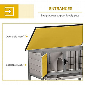 PawHut Elevated Wooden Rabbit Hutch, Indoor/Outdoor Bunny Cage with Hinged Asphalt Roof and Removable Tray for Guinea Pig, Grey