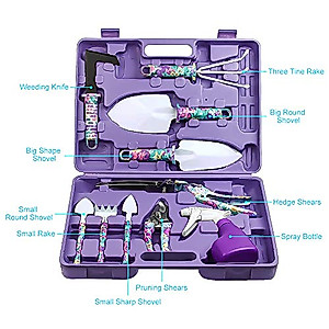 Jhua Garden Tool Set, 10 Pieces Gardening Tools Kit with Purple Flower Print, Ergonomic Handle Trowel Rake Weeder Pruner Shears Sprayer, Garden Hand Tools with Carrying Case Gardening Gifts for Women