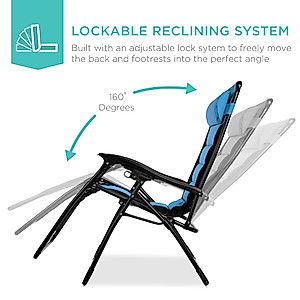 Best Choice Products Oversized Padded Zero Gravity Chair, Folding Outdoor Patio Recliner, XL Anti Gravity Lounger for Backyard w/Headrest, Cup Holder, Side Tray, Polyester Mesh - Sky Blue
