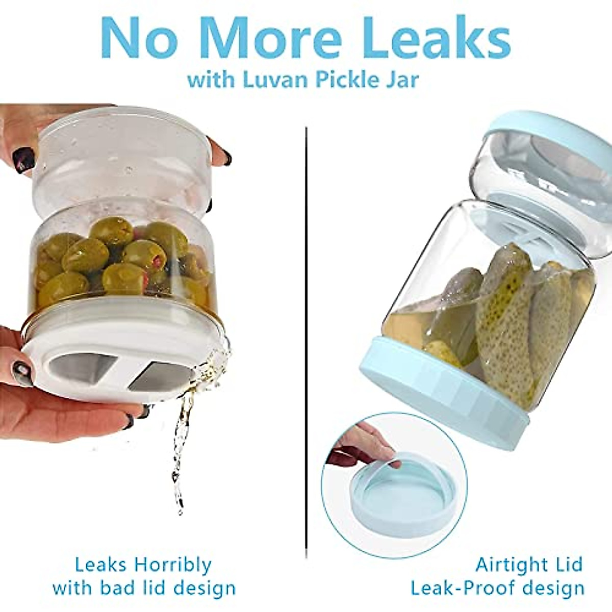 Luvan Glass Pickle Jar with Strainer Flip, 34oz Hourglass Airtight Pickle Container for Pickling, Fermenting, Canning and Storing, Leakproof Pickle Juice Separator Jar for Pickle, Olive and Jalapenos