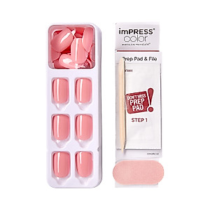 KISS imPRESS No Glue Mani Press On Nails, Color, 'Pretty Pink', Pink, Short Size, Squoval Shape, Includes 30 Nails, Prep Pad, Instructions Sheet, 1 Manicure Stick, 1 Mini File