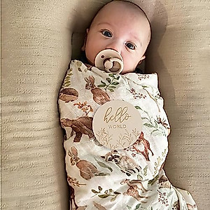 LifeTree Muslin Swaddle Blankets, Muslin Baby Boy Swaddle Blanket and Hat Set with Birth Announcement Card, Newborn Unisex Neutral Receiving Blankets Woodland Forest Animals