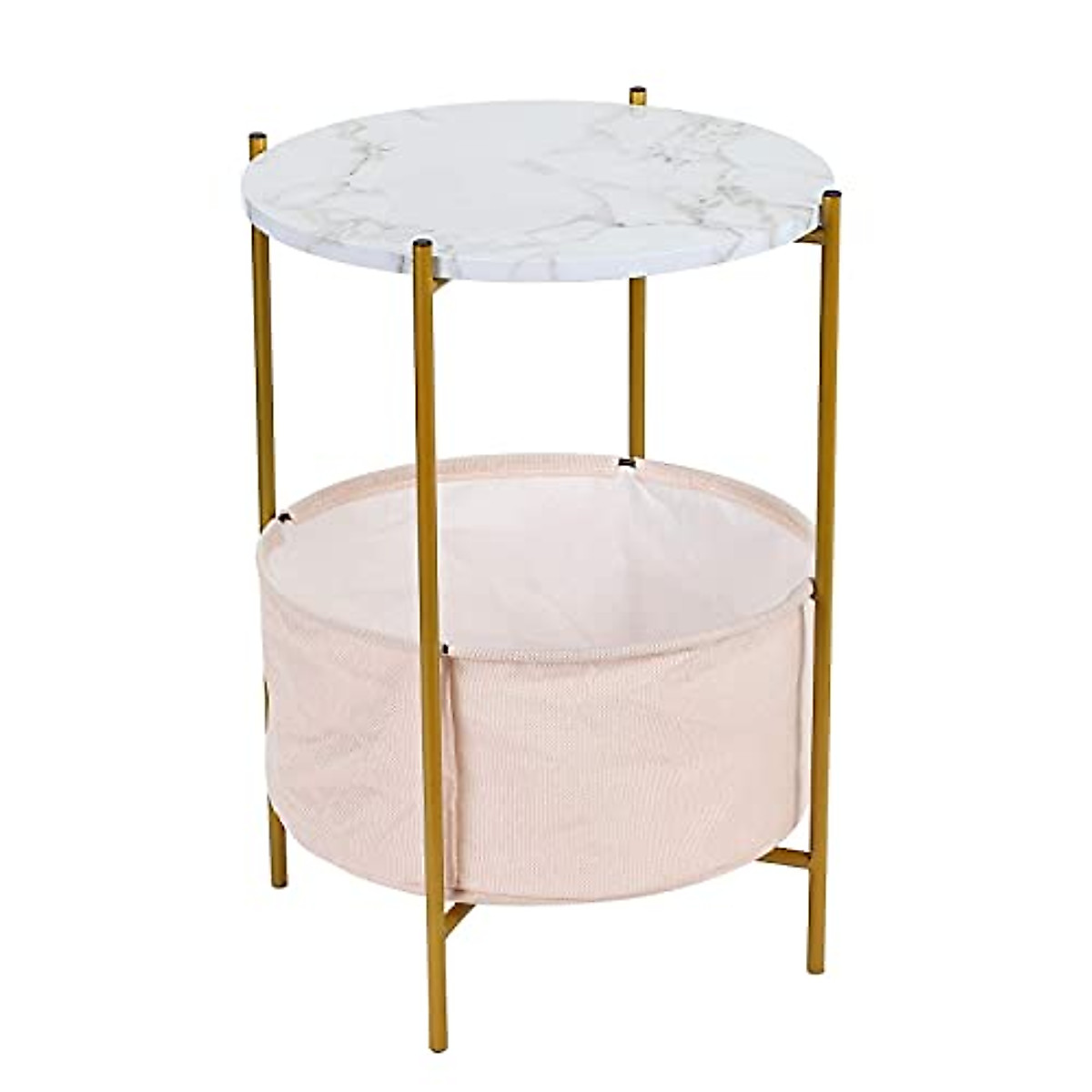 KSWIN Round Storage Side Table, 2-Tier End Table with Fabric Basket Gold Metal Frame, 16'' Faux Marble Top Nightstand Bedside Tables for Nursery Kids Living Room Bedroom, White