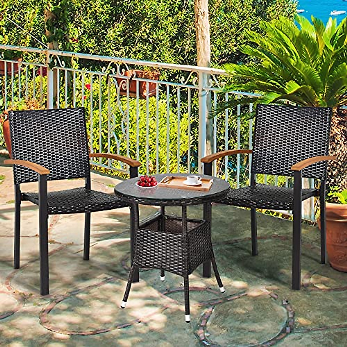 RELAX4LIFE Patio Rattan Dining Chairs Set Wicker Chairs with Steel Frame, Acacia-Covered Armrests Fire Pit Chairs for Porch, Poolside, Balcony, Lawn Indoor&Outdoor Furniture Armrest Chairs Set (4)
