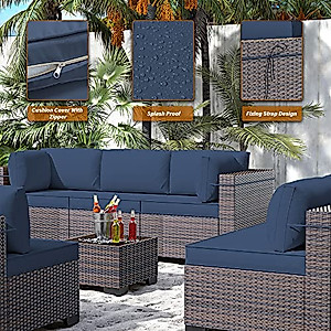 RTDTD Outdoor Patio Furniture Set, 9 Pieces Outdoor Furniture All Weather Patio Sectional Sofa PE Wicker Modular Conversation Sets with Coffee Table,8 Chairs & Seat Clips(Dark Blue)