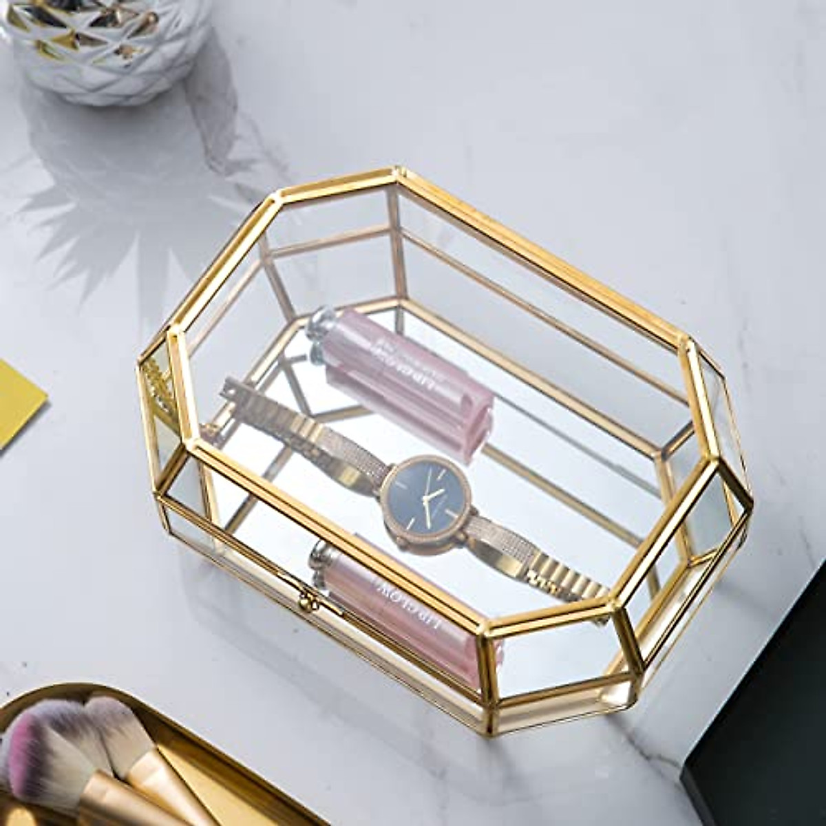 Vellon Gold and Clear Jewelry Trinket Box, Glass Decorative Box, Chic Design Storage for Cosmetic/Bracelet/Necklace/Ring, Idea Gift, Including 26 Glass Panels and 112 Golden Metal Line