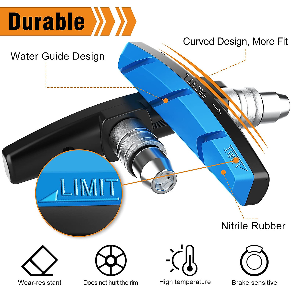 Alritz Bike Brake Pads Set, 6 PCS Road Mountain Bicycle V-Brake Blocks Shoes with Hex Nut and Shims, No Noise No Skid, 70mm, for Front and Back Wheel (Blue)