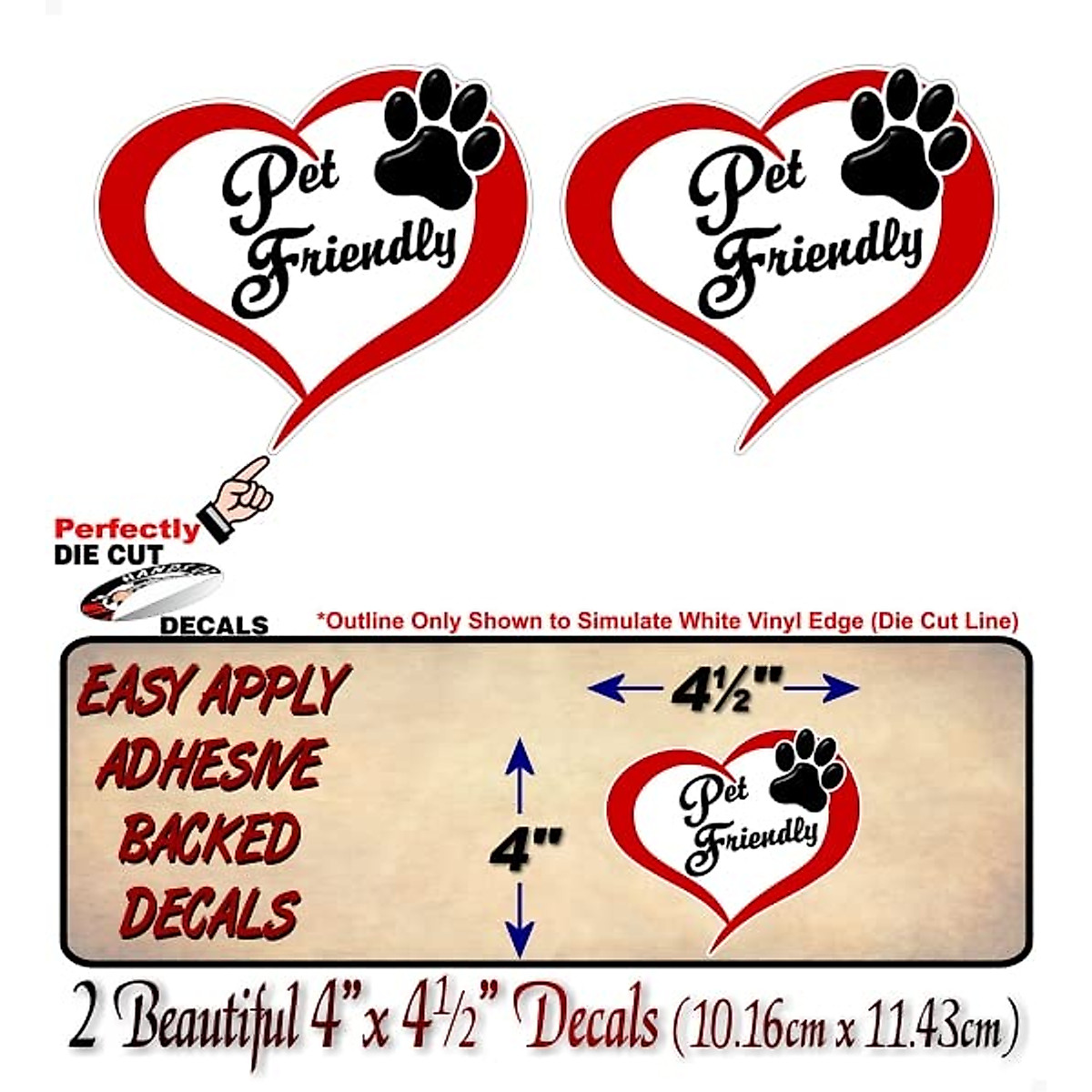 2- Pet Friendly Heart with Paw Love 4.5'' Decals Animals Welcome Paws Cute Store Entrance Sticker Decal Pet Adoption Rescue Kennel Car SUV Animal Shelter Vinyl Stickers