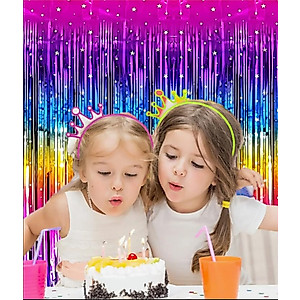 Masxkle 2 Pack (3.3x6.6Ft) Sparkling Neon Rainbow Party Decorations Rainbow Foil Fringe Curtain Backdrop for Birthday Wedding Engagement Bridal Shower Cartoon Party Decorations
