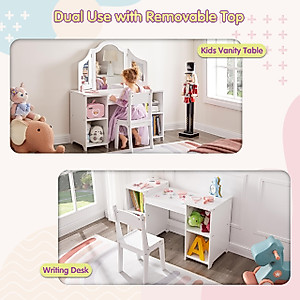 2 in 1 Kids Vanity Set, Princess Makeup Table and Chair with Open Storage Cabinet, Pretend Play Vanity with Detachable Tri-fold Mirror for Little Girls Age 3-9 (White with Chair)