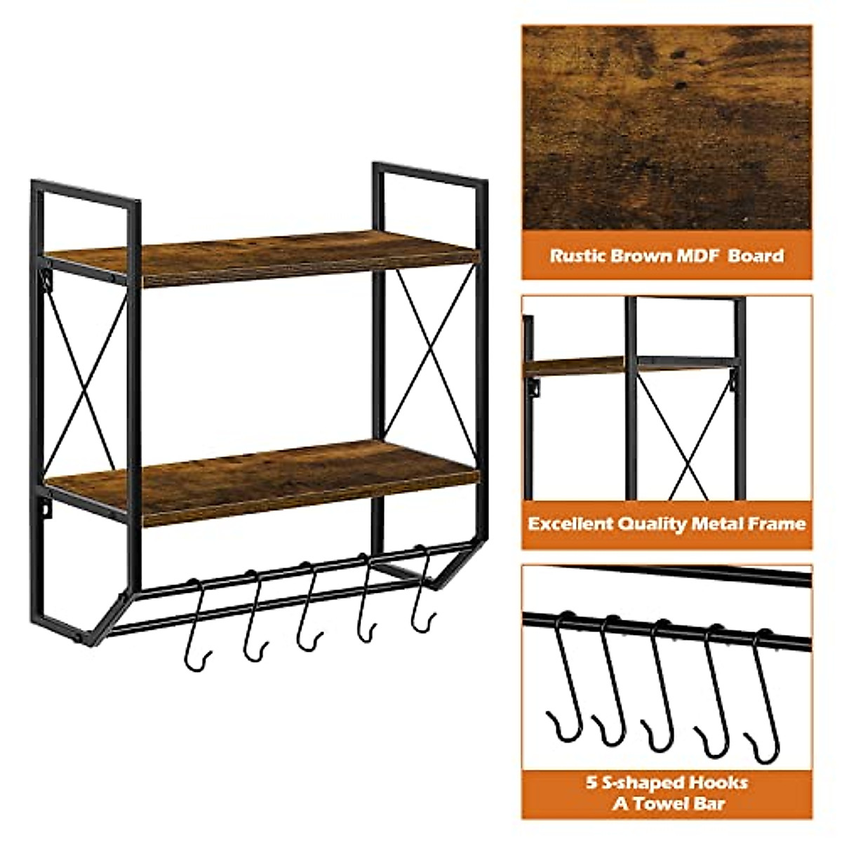 Bathroom Wall Shelf Wall Mounted Industrial 2 Tier Wood Bathroom Towel Rack with Towel Bar, 5 Metal Hooks Rustic Wall Hanging Toilet Storage Shelf for Kitchen, Bathroom, Brown