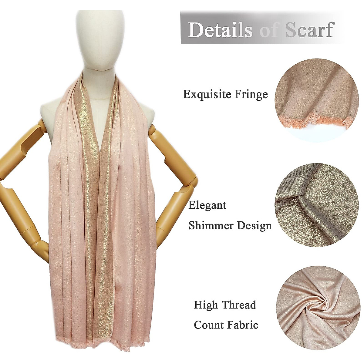 Gragengs Women's Sparkling Metallic Pashmina Shawls and Wraps Long Party Scarf Solid Color Two Tone,Rose Gold