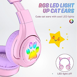 Riwbox CF9 Cat Ear Kids Bluetooth Headphones with LED Light Up,Safe 85dB Volume Limit,Built-in Mic&Boom Mic for Calls,Kids Wireless&Wired Headphones for Girls/Toddler/Online Learning/School (Purple)