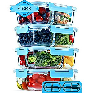 2 & 3 Compartment Glass Meal Prep Containers (4 Pack, 32 oz) - Glass Food Storage Containers with Lids, Glass Lunch Box, Glass Bento Box Lunch Containers, Portion Control, Airtight