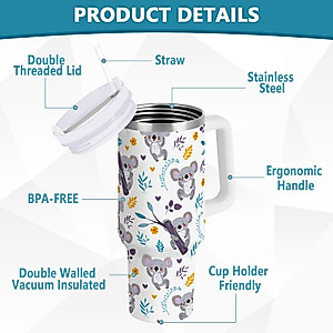Emelivor Cute Koalas Leaves 40 oz Tumbler with Lid and Straw Insulated Tumblers with Handle Leak Proof Travel Coffee Mug Water Cup Bottles for Hot or Ice Coffee Tea