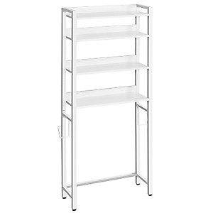 MAHANCRIS Over The Toilet Storage Rack, 4 Tier Bathroom Organizer Over Toilet, Freestanding Space Saver Toilet Stand with 2 Hooks, Bathroom Storage Shelf, Easy to Assemble, White TSBW0401