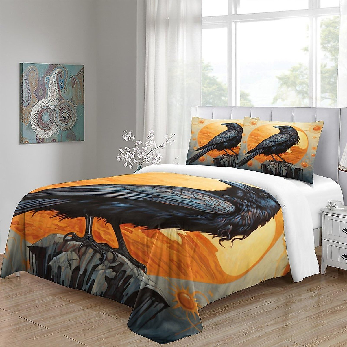 EVMILA Gothic Crow Duvet Cover Quilt Cover 3D Print Birds Comforter Covers for Boys Girls Bedding Set with Zipper Closure with Pillow Cases Soft Microfiber 3 Pieces Twin（173x218cm）