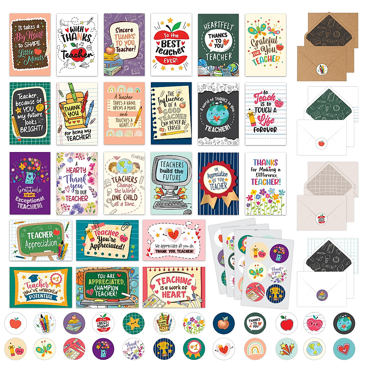 Decorably 24 Pack Teachers Appreciation Cards with Envelopes & Stickers - 24 Unique Designs with Printed Message Inside Teacher Thank You Cards for Teachers, 4x6in Teacher Appreciation Card