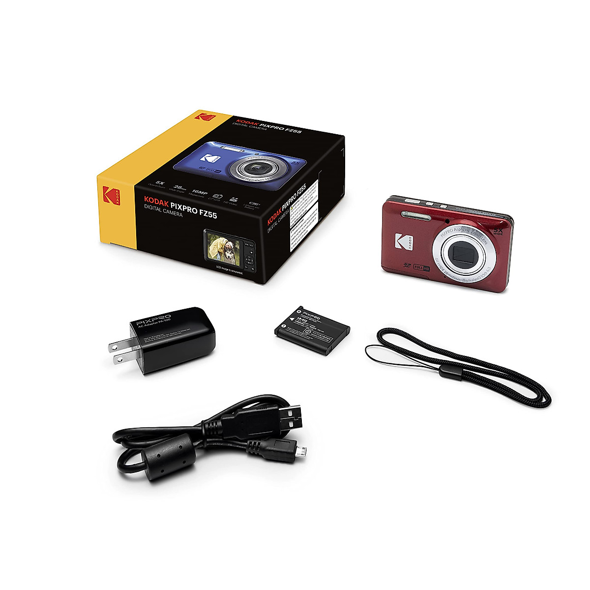 Kodak PIXPRO FZ55 Digital Camera (Red) + Point & Shoot Camera Case + Sandisk 128GB SDXC Memory Card
