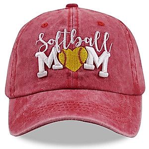 MANMESH HATT Softball Mom Gifts for Women, Vintage Adjustable Distressed Baseball Mom Cap, Cute Washed Embroidered Sports Mama Hat for Mothers Day (One Size, Softball Mom Red)