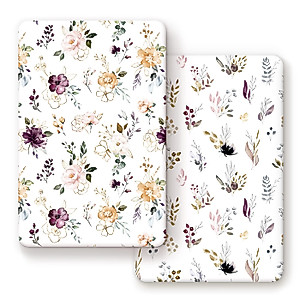 GRSSDER Stretchy Ultra Soft Jersey Knit Fitted Pack n Play Sheets Set 2 Pack,Fits Portable Playard/Mini Cribs Mattress Snug and Safe,Watercolor Purple Flora for Baby