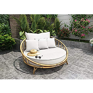 Zew Bamboo Daybed Outdoor Indoor Large Accent Sofa Chair Lawn Pool Garden Seating with Cushion and Pillows Natural Rattan Round Sofabed v.2021
