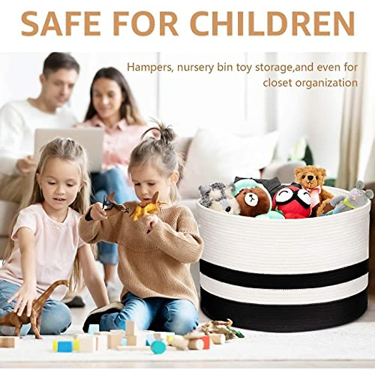 Blanket Basket for Living Room Large Cotton Rope Basket 21.7" x 21.7" x 13.8" Woven Laundry Basket Toy Storage Bins Black and White