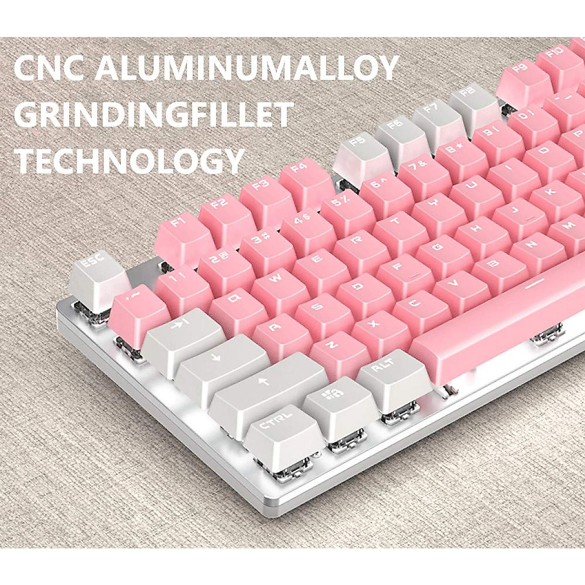 Mechanical Gaming Keyboard, with Multimedia Knob, Wrist Rest, Metal Panel, White LED Backlit, Pink and White PBT Keycaps, USB Wired Full-size Keyboard for Gamer Office PC Laptop Mac (Blue Switch)