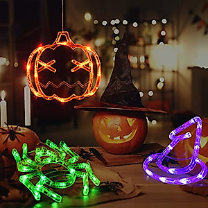 LOLStar Halloween Decorations 3 Pack Orange Pumpkin Green Spider Purple Witch Hat Halloween Window Lights with Suction Cup Battery Operated Halloween Lights, 2023 Upgrade Slow Fade Mode Timer Function