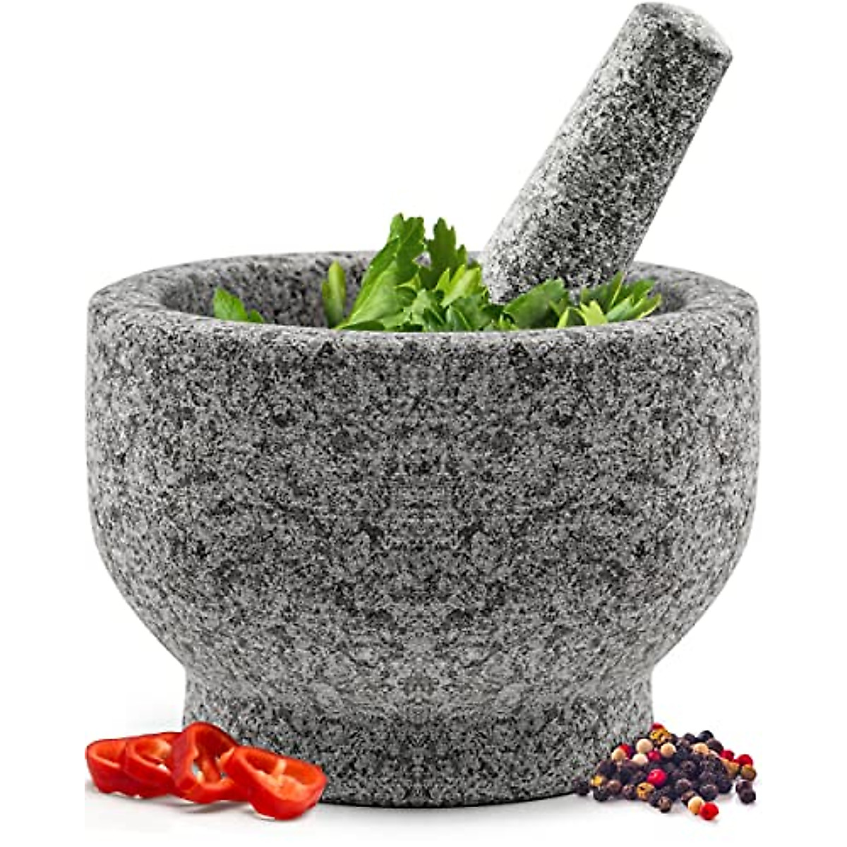 Heavy Duty Natural Granite Small Mortar and Pestle Set, Hand Carved, Make Fresh Guacamole at Home, Solid Stone Grinder Bowl, Herb Crusher, Spice Grinder, Unpolished Grey, 1.5 Cup, Grey