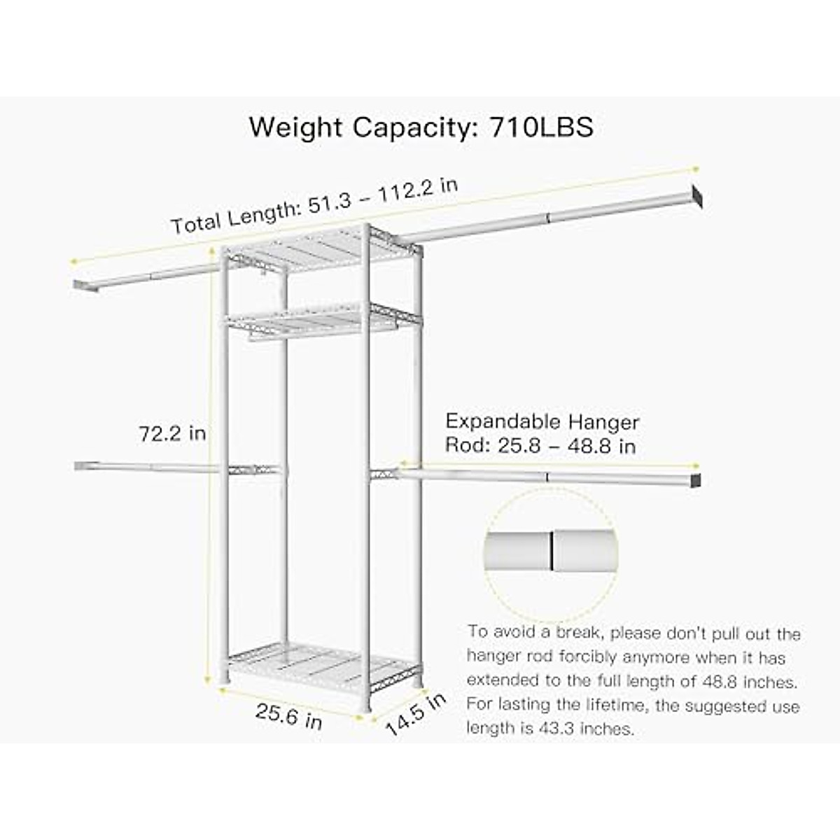 Ulif M3 Clothes Rack Closet Organizer and Storage System 3 Tiers Built-in Wall Mounted Heavy Duty Garment Rack with 4 Expandable Hanger Rods, Fits Space 4.3-9.3 ft, 72.2"H, Load Capacity 710LBS, White