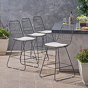 Great Deal Furniture Ella Outdoor Counter Stools, 26" Seats, Modern, Geometric, Gray Iron Frames with Ivory Cushion (Set of 4)