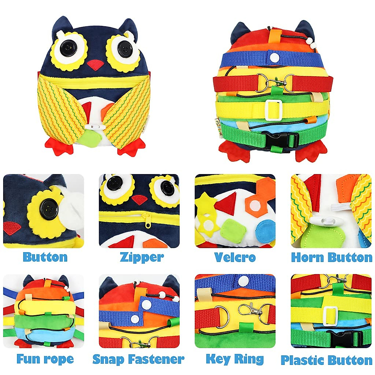 AIPINQI Sensory Pillow Toys, Montessori Stuffed Animal Learning Toys, Exercise Baby Basic Life Skills, Airplane Activities Travel Toys on Plane for Autistic Toddler, Owl